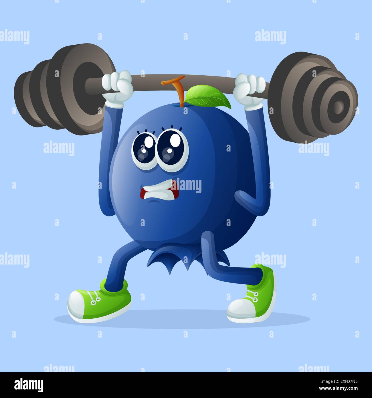 Cute blueberry character lifting weights. Perfect for kids, merchandise ...