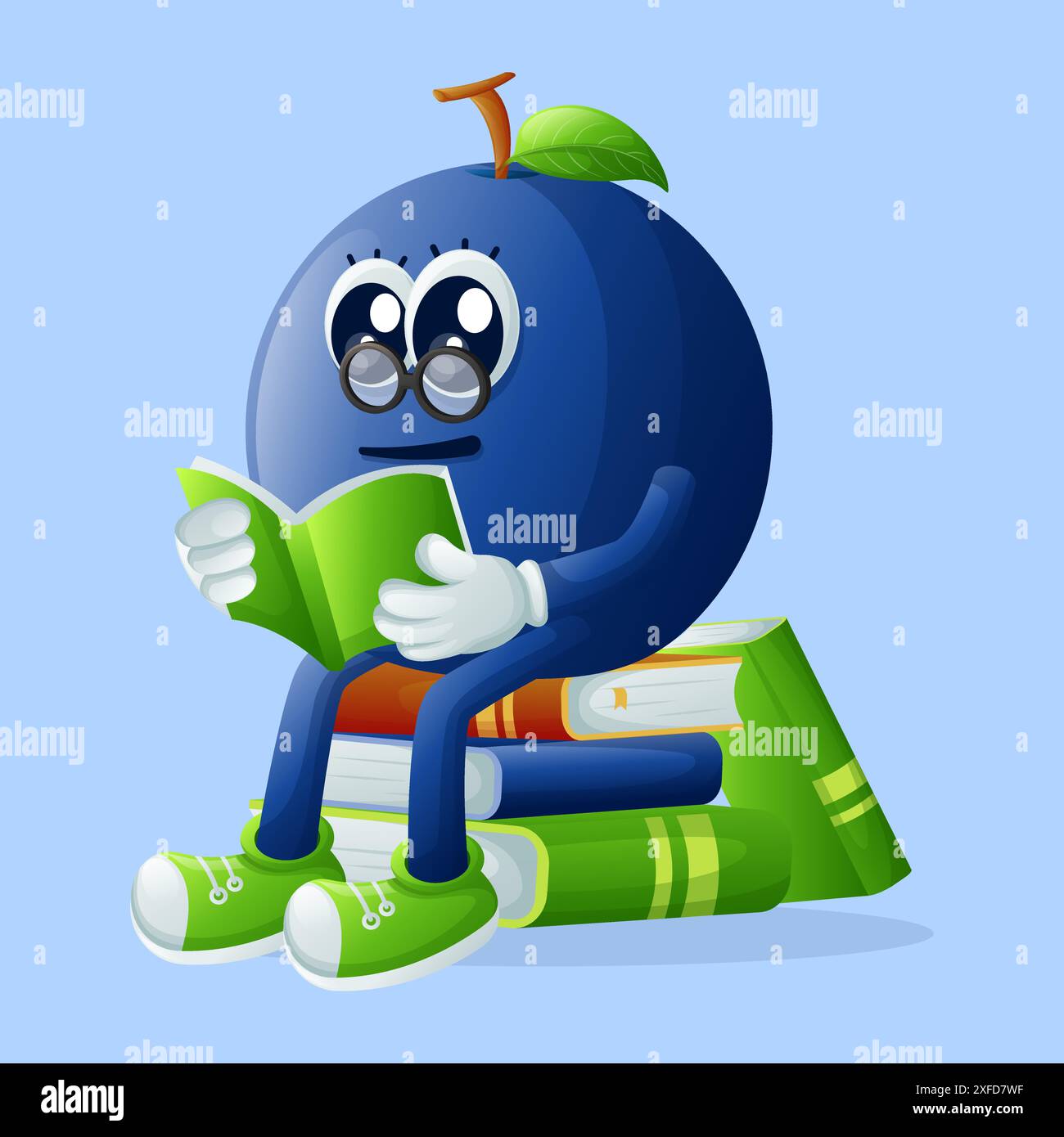 Cute blueberry character wearing glasses and reading a book. Perfect ...