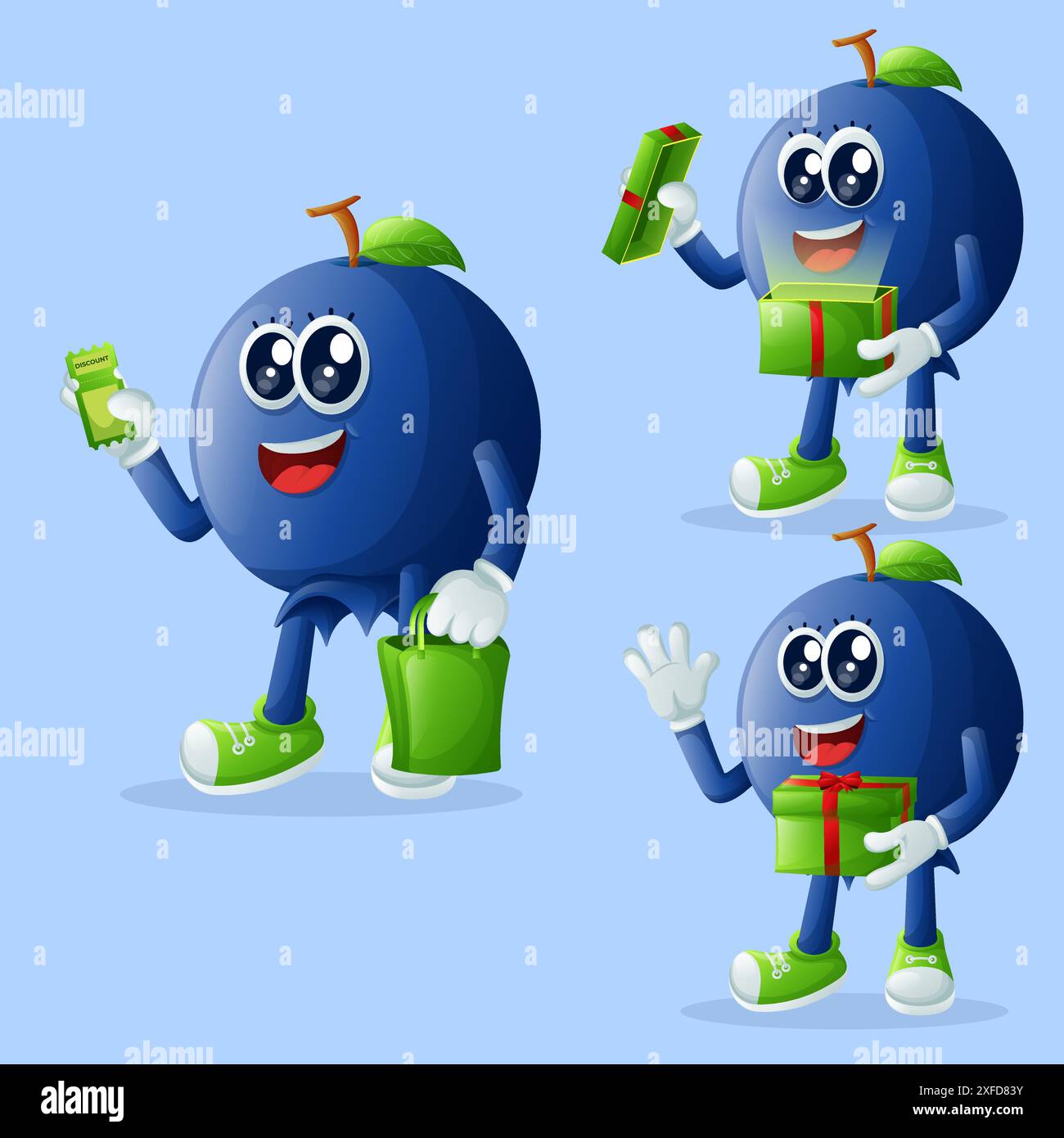 Set of cute blueberry characters receiving gifts. Perfect for kids ...