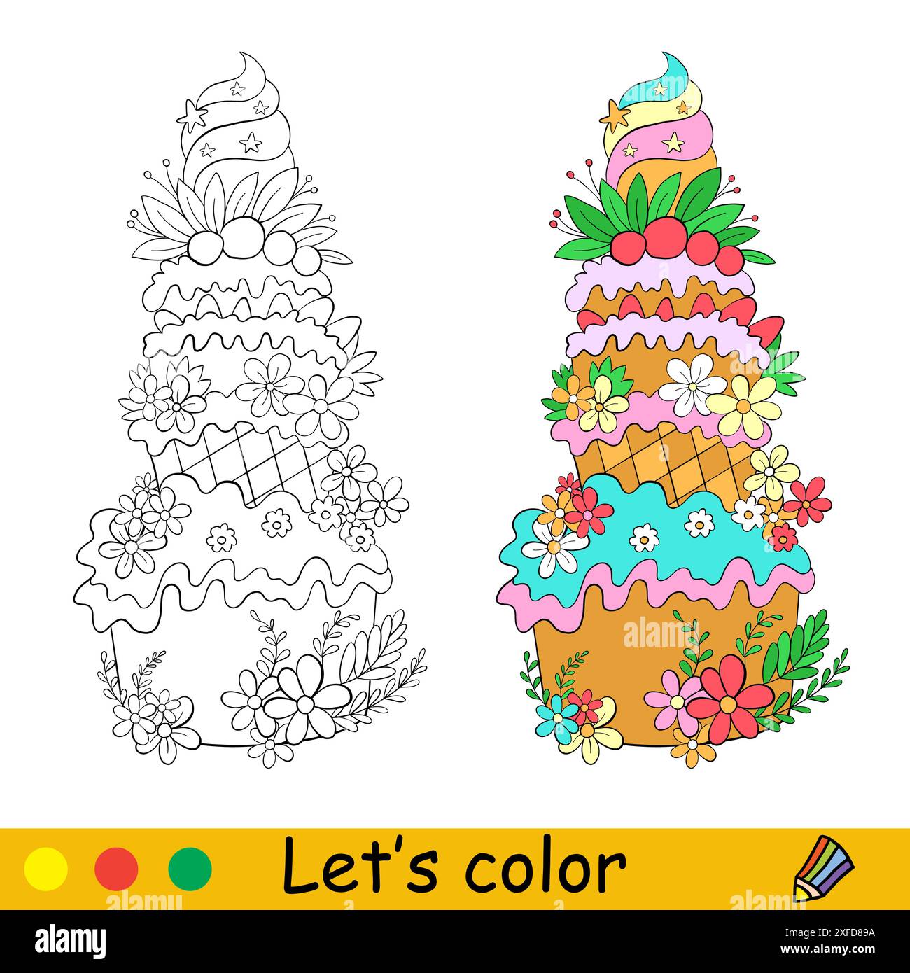 Coloring with color template beautiful cake vector Stock Vector Image ...