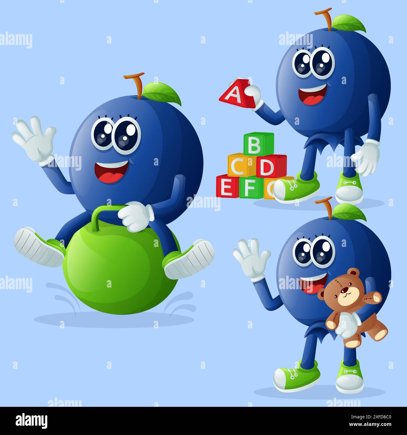Set of cute blueberry characters playing with kid toys. Perfect for ...