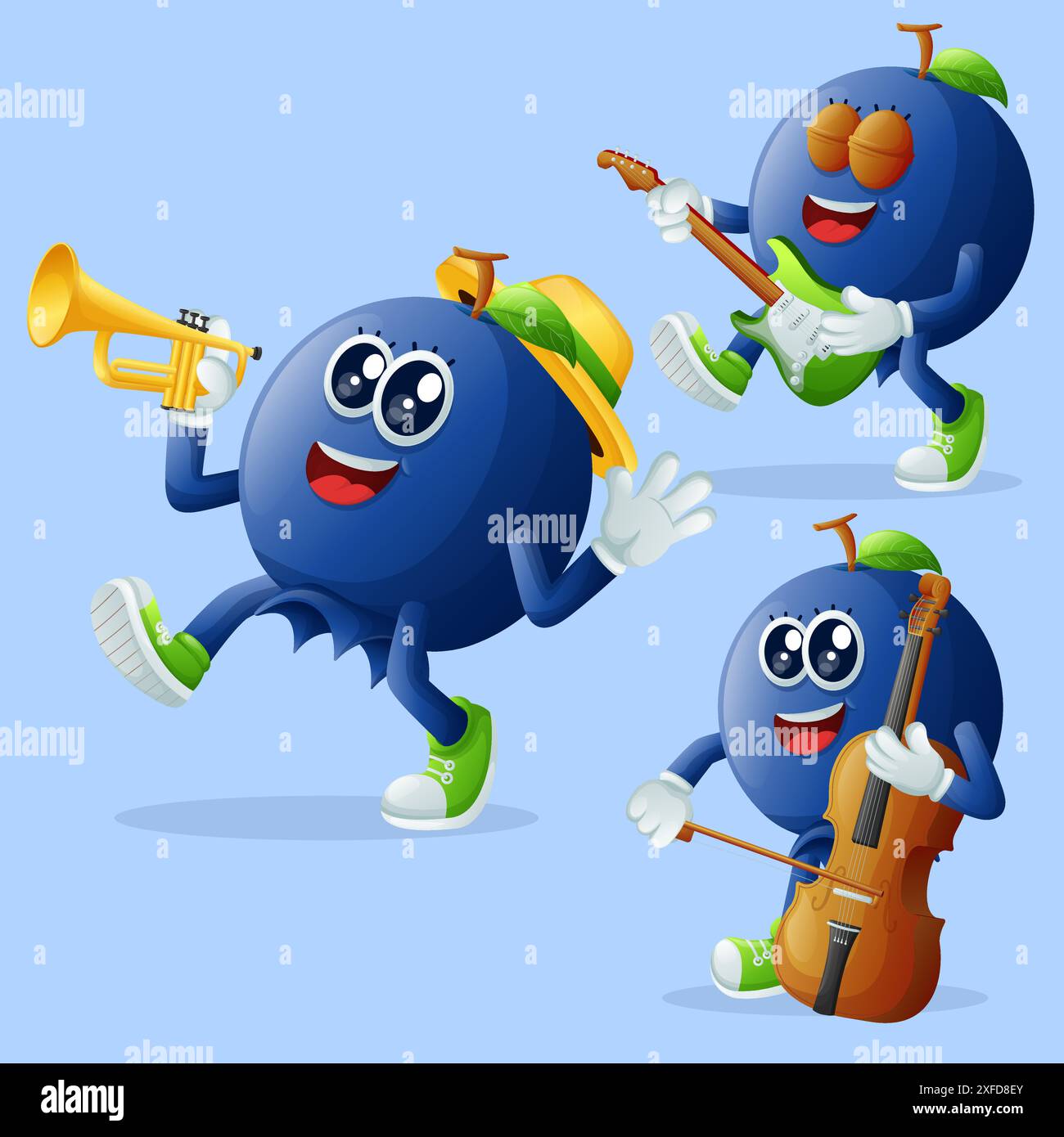 Set of cute blueberry characters playing musical instruments. Perfect ...