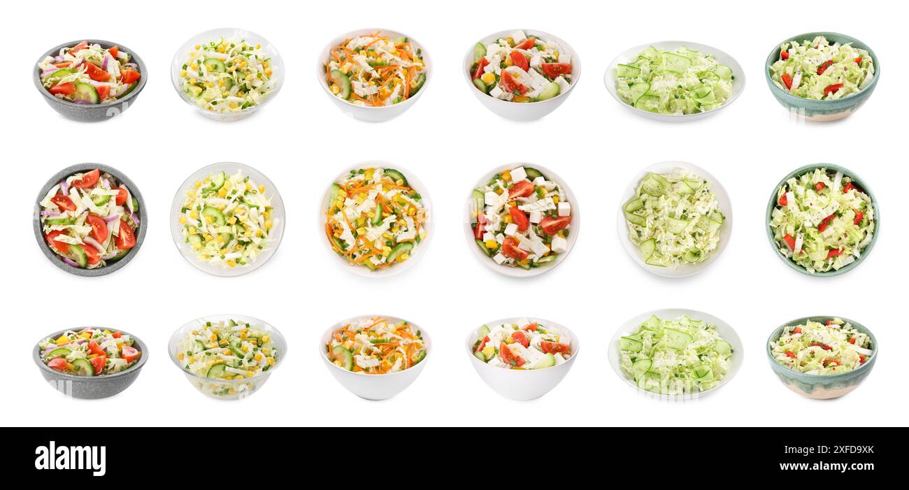 Set of different salads isolated on white, top and side views Stock ...