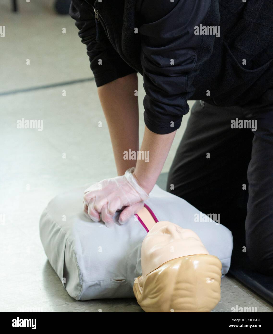 A paramedic performs CPR on a manikin during a first aid demonstration ...