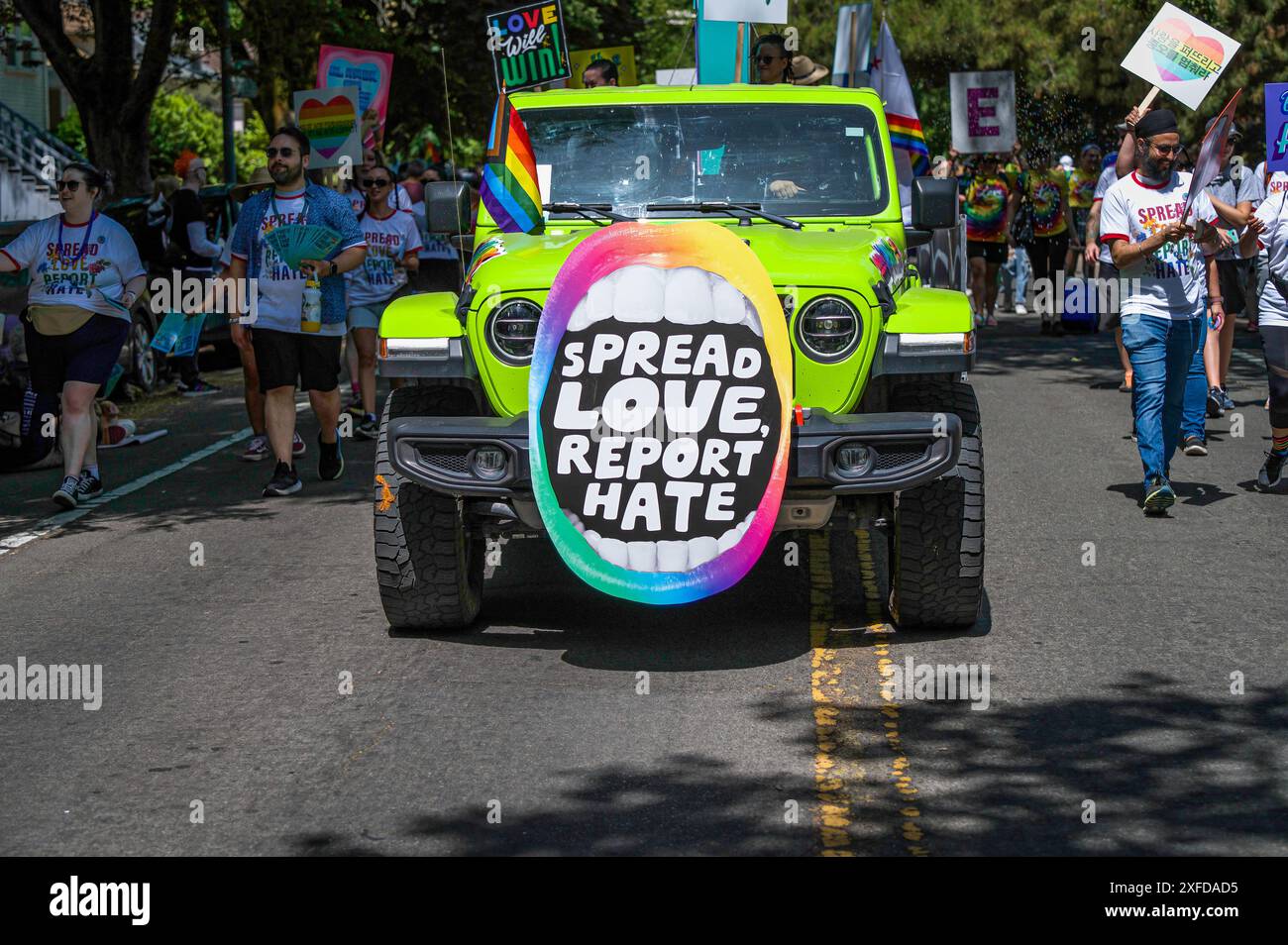 Sacramento, CA, U.S.A. - June 9, 2024: A bright green jeep with a sign ...