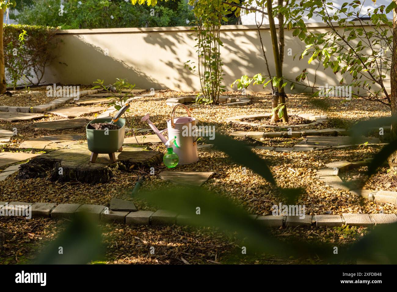 Watering plants in garden, using watering can and spray bottle ...
