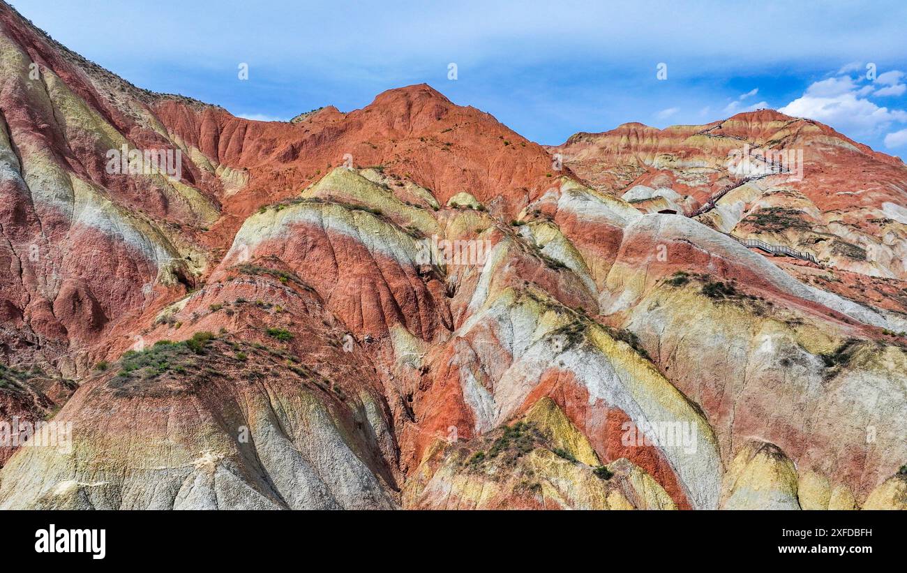 LANZHOU, CHINA - JULY 2, 2024 - Aerial photo shows Danxia landform ...