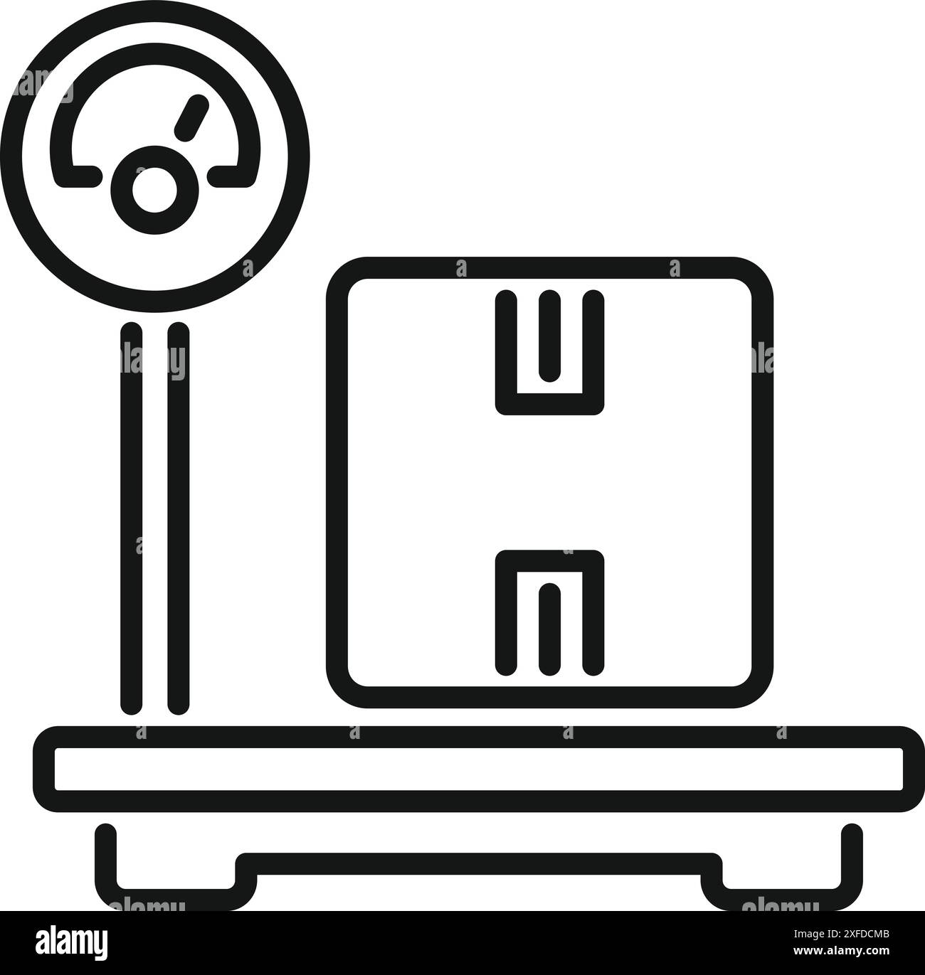 Line drawing of a scale weighing a cardboard box, concept of shipping ...