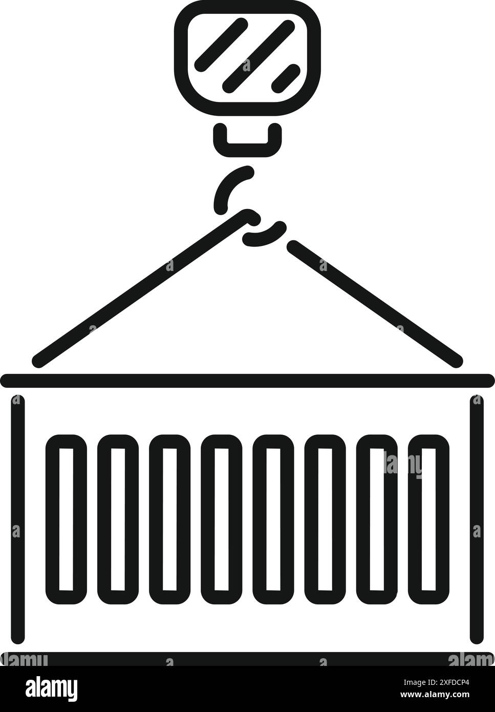 Line art icon of a shipping container being lifted by a crane hook ...