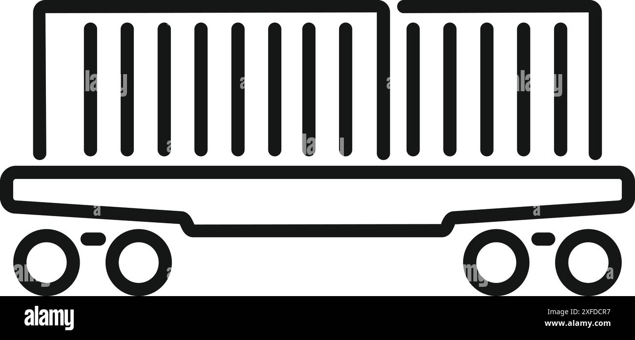 Simple line icon of a train wagon carrying a cargo container, symbolizing freight transport by ...