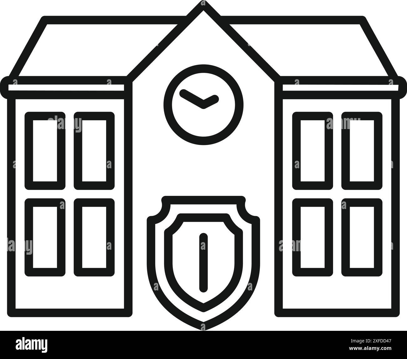 Line art icon of a university building featuring a clock and shield ...