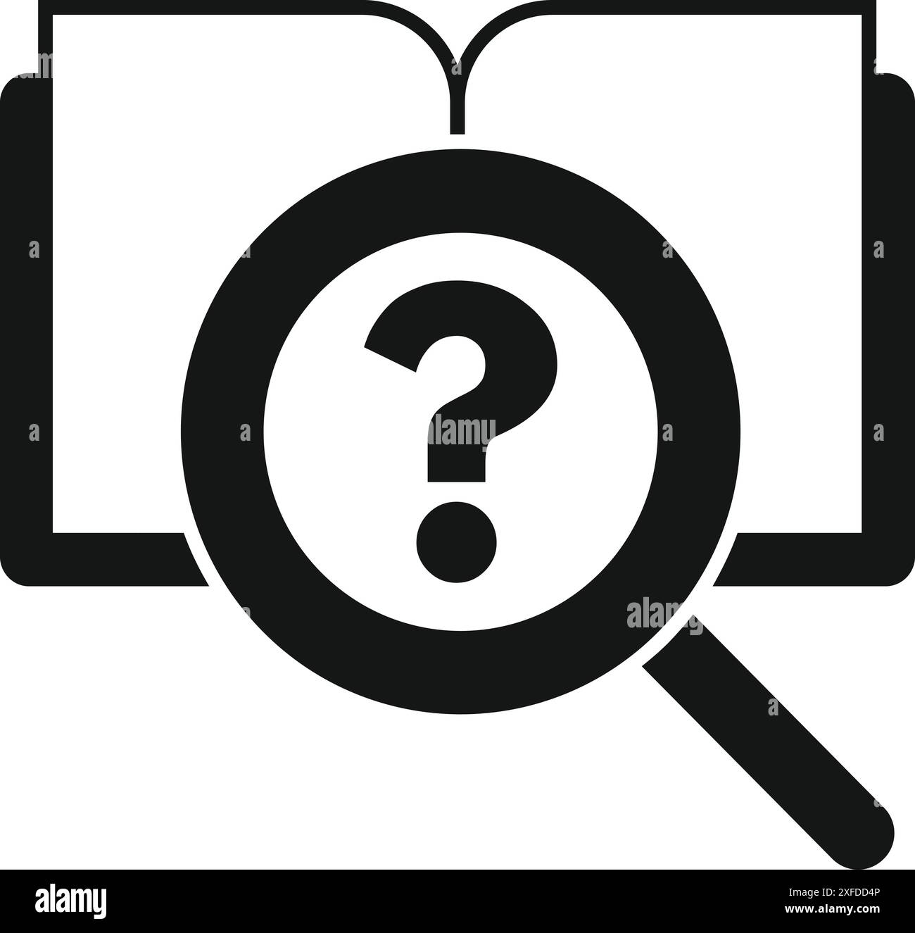 Black and white icon of a magnifying glass hovering over an open book ...