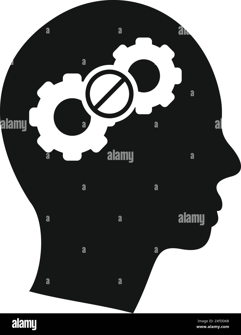 Black silhouette of a human head profile with gears and a stop sign ...