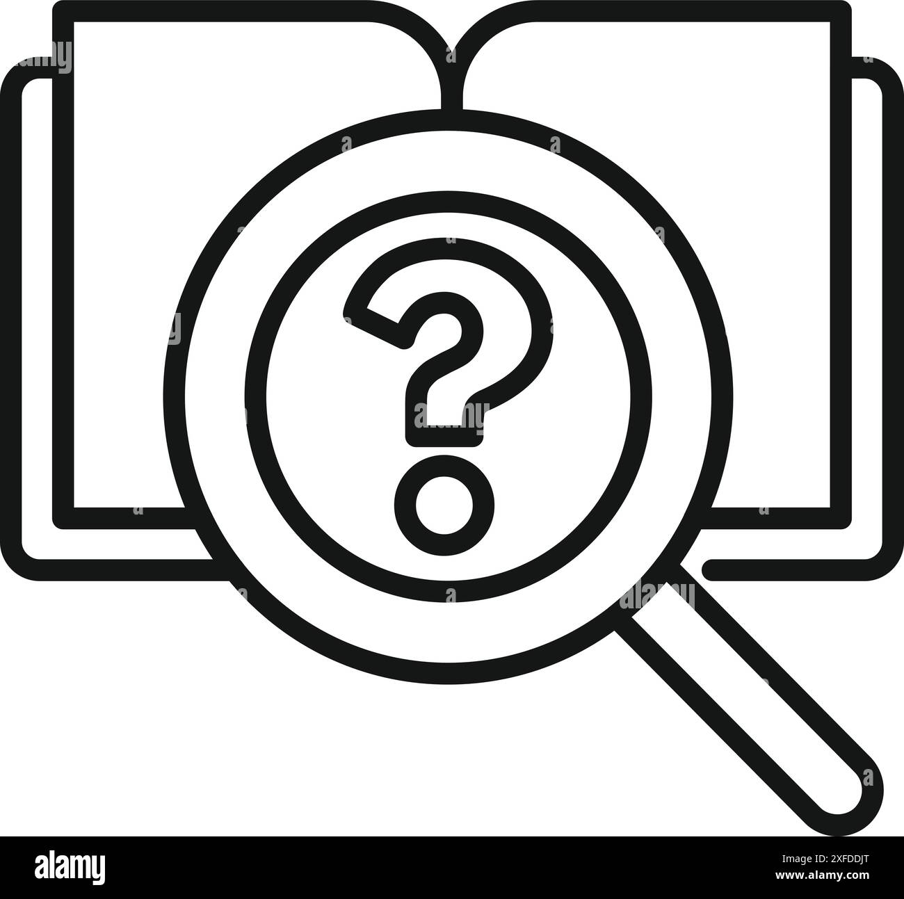 Magnifying glass is searching question mark over open textbook icon ...