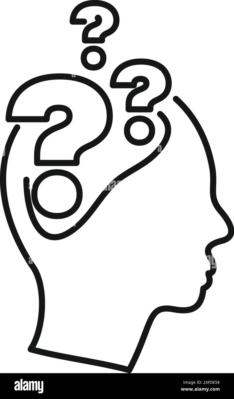 Line art illustration of the profile of a human head with question marks, representing thinking ...