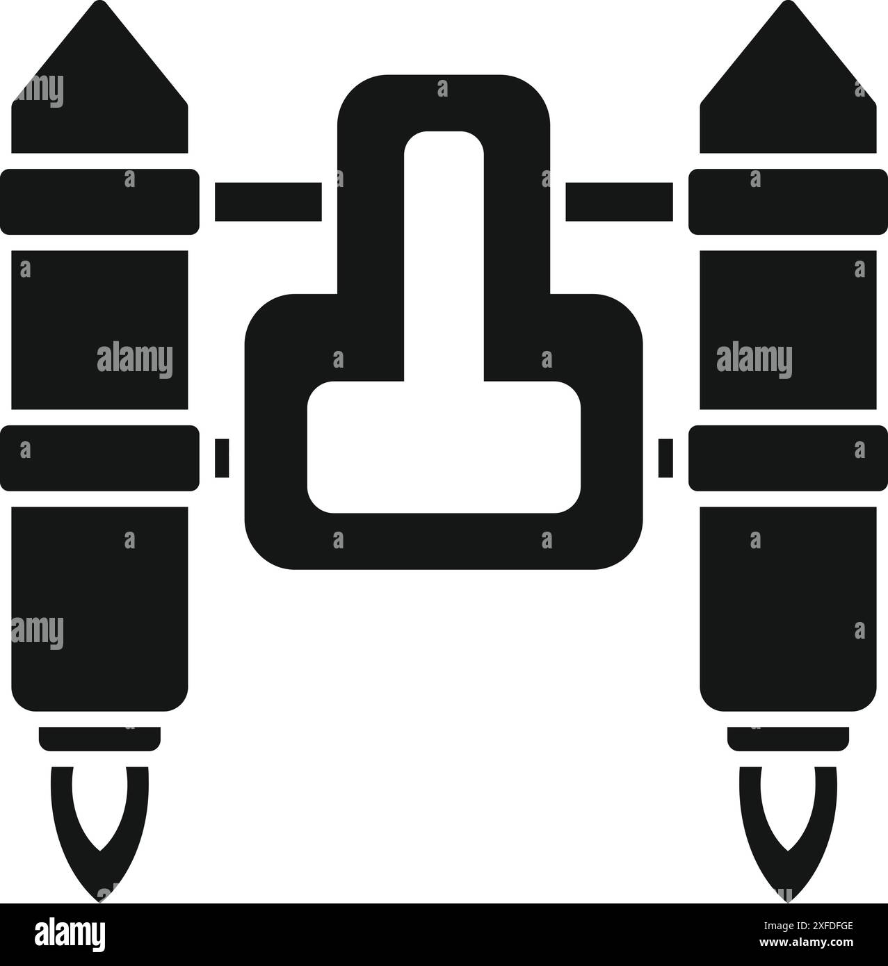 Simple black and white icon of a space rocket with booster accelerating ...