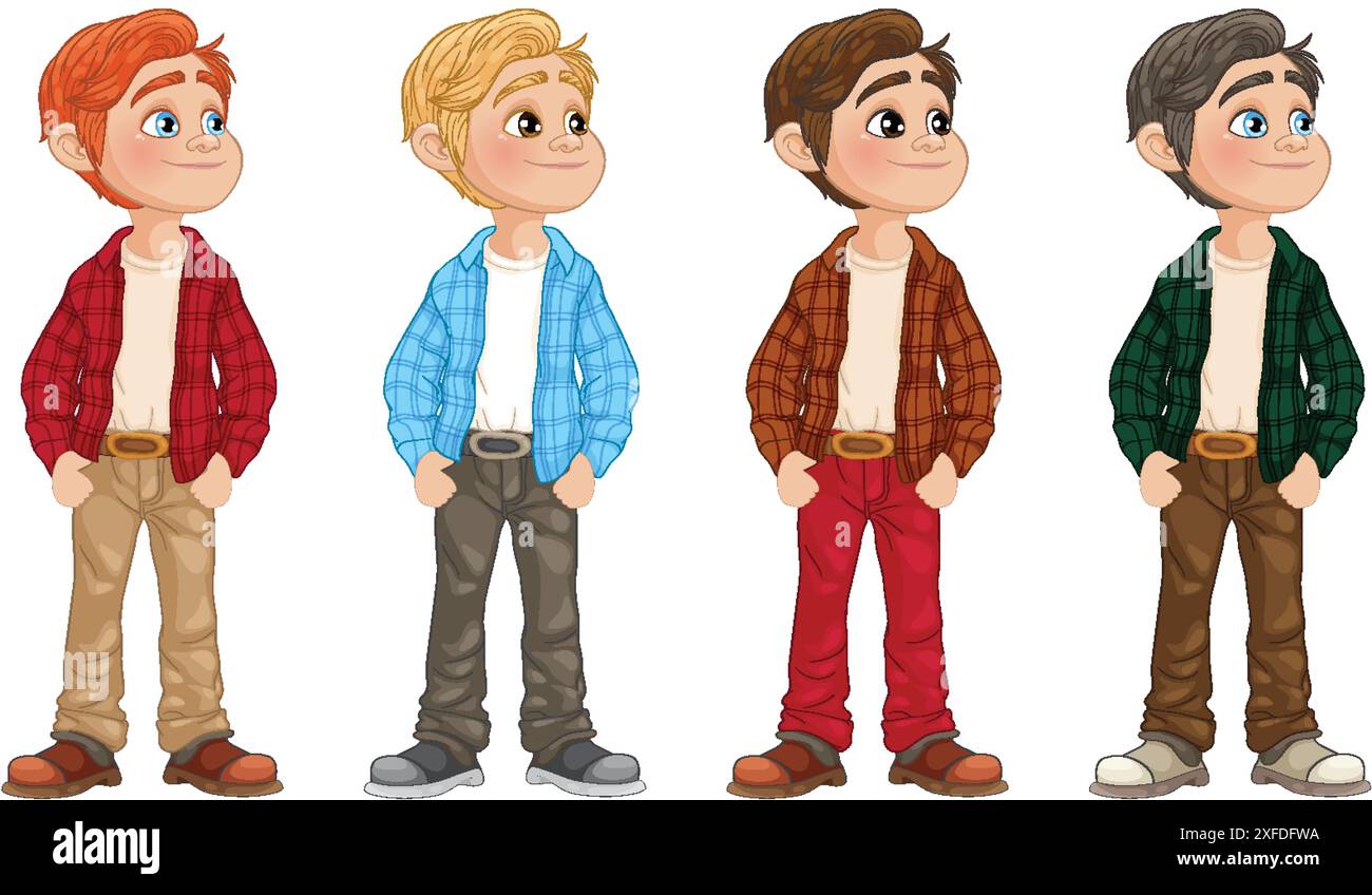 Four cartoon boys in different colored plaid shirts Stock Vector Image ...