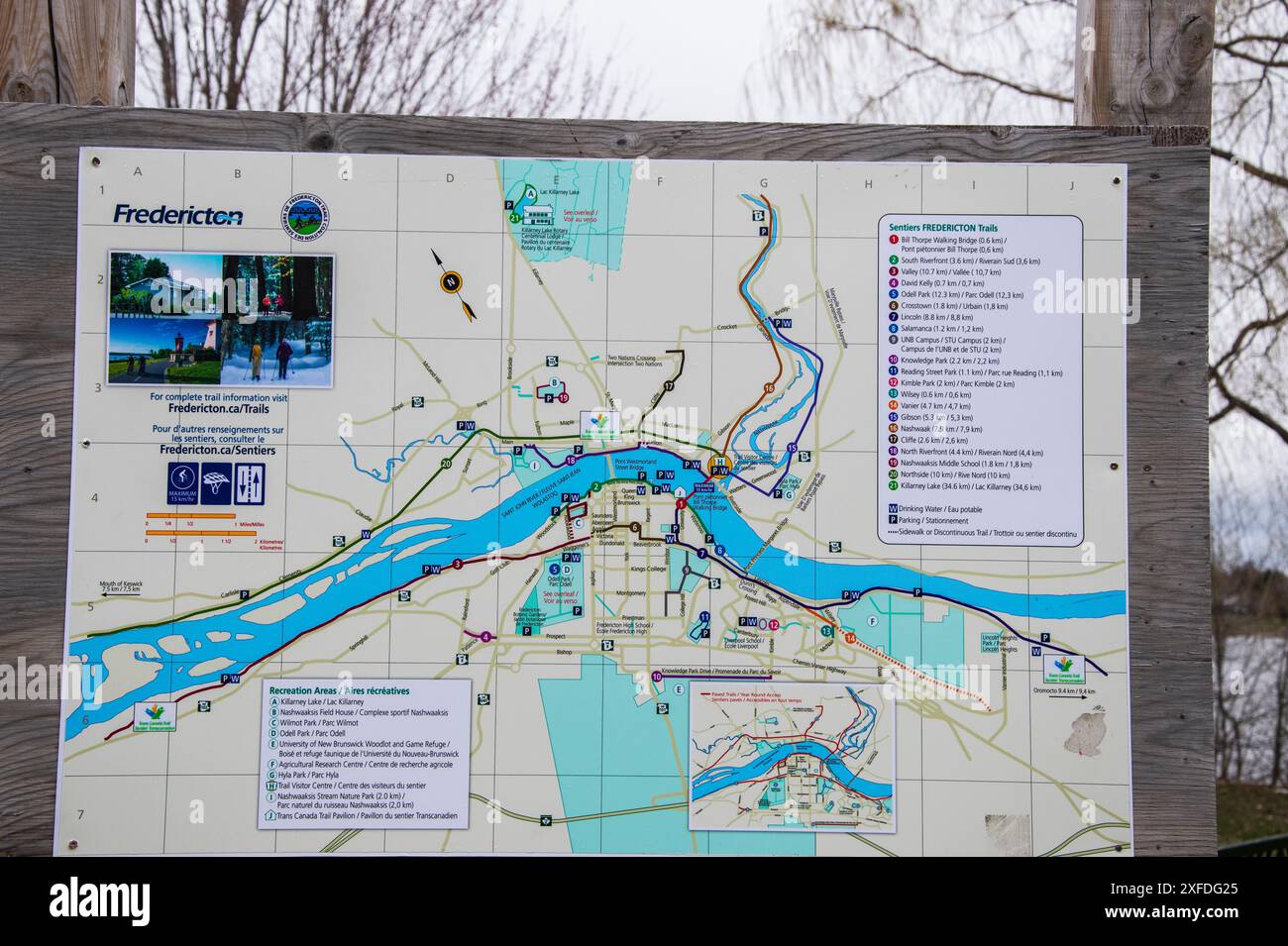Fredericton trails map sign at south riverfront in downtown Fredericton ...