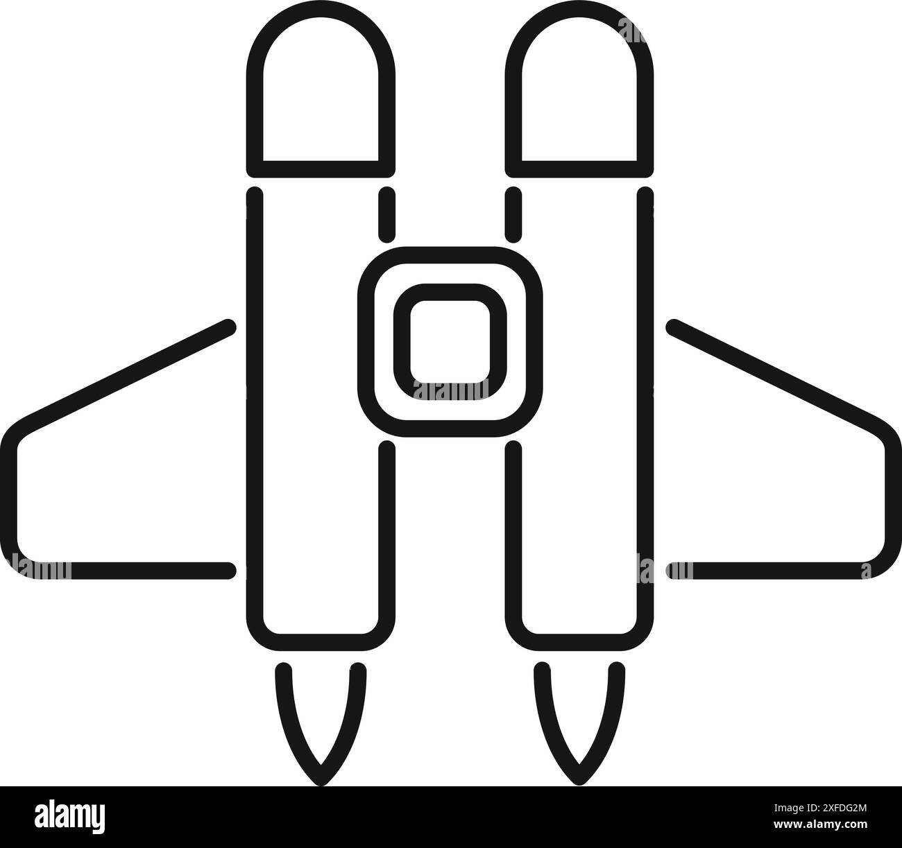 Simple black and white icon of a spaceship taking off using two rocket ...