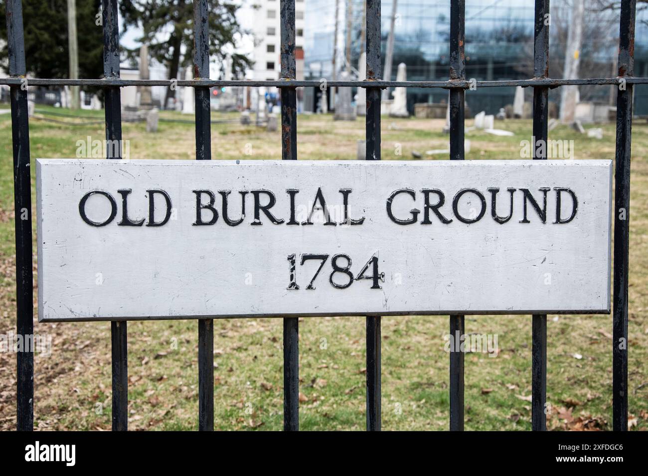 Old Burial Ground sign on George Street in downtown Fredericton, New ...