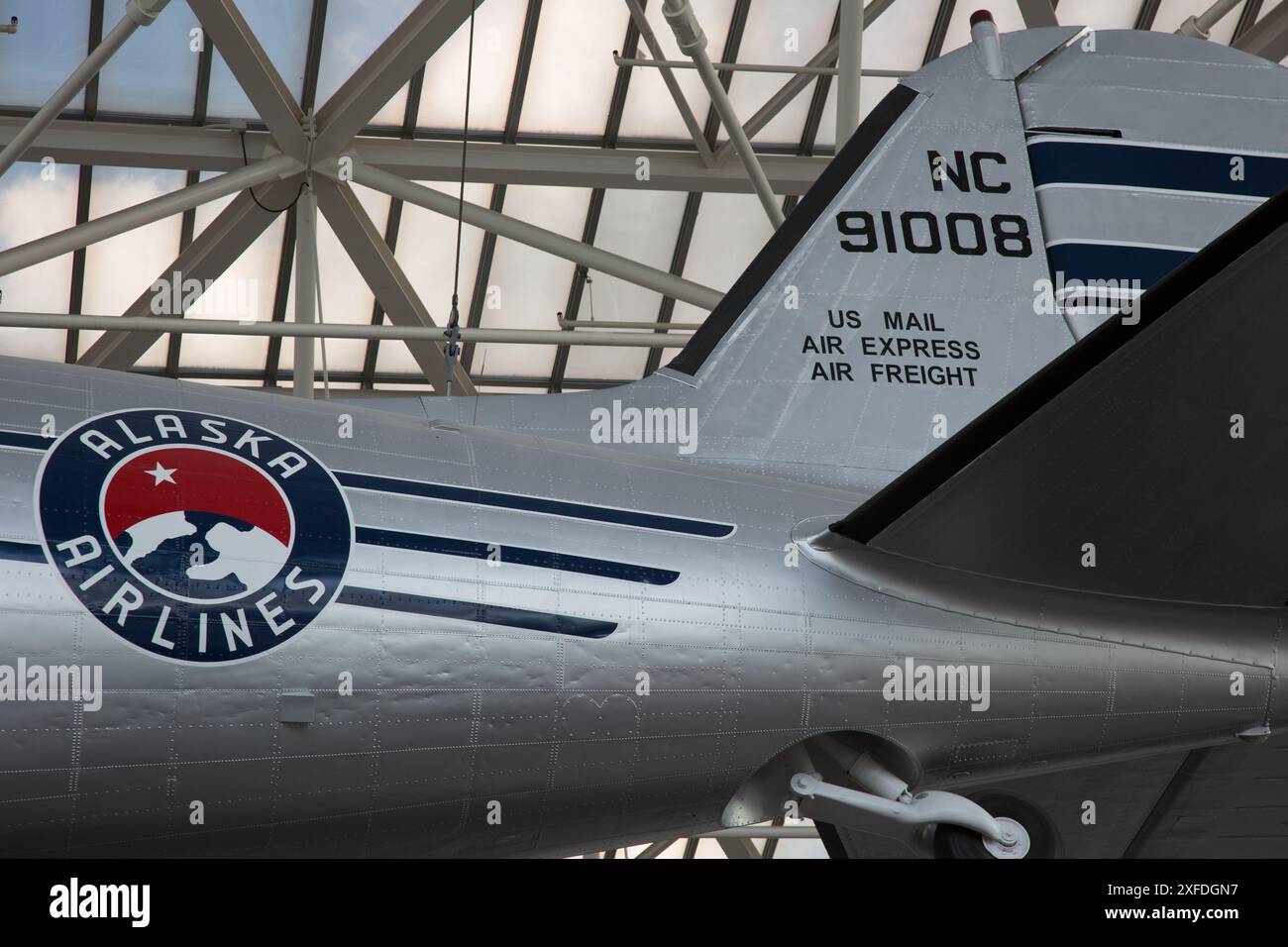 Alaska Airlines DC-3C, suspended from the ceiling at Museum of Flight ...