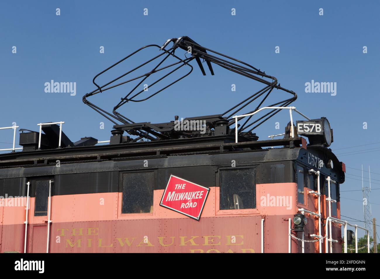 Pantograph makes electric contact with the overhead power line, E57B, the Milwaukee Road's last ...
