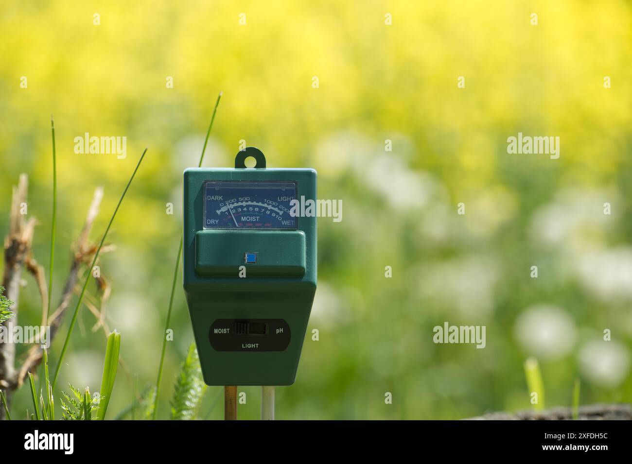 Soil moisture, light intensity and PH testing meter in close up ...