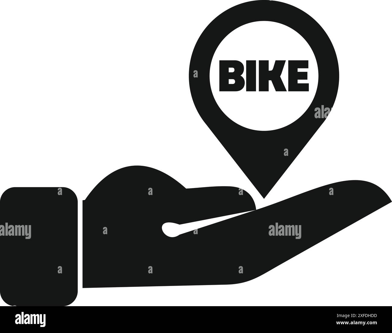 Black and white icon of a hand holding a map pin with the word bike ...
