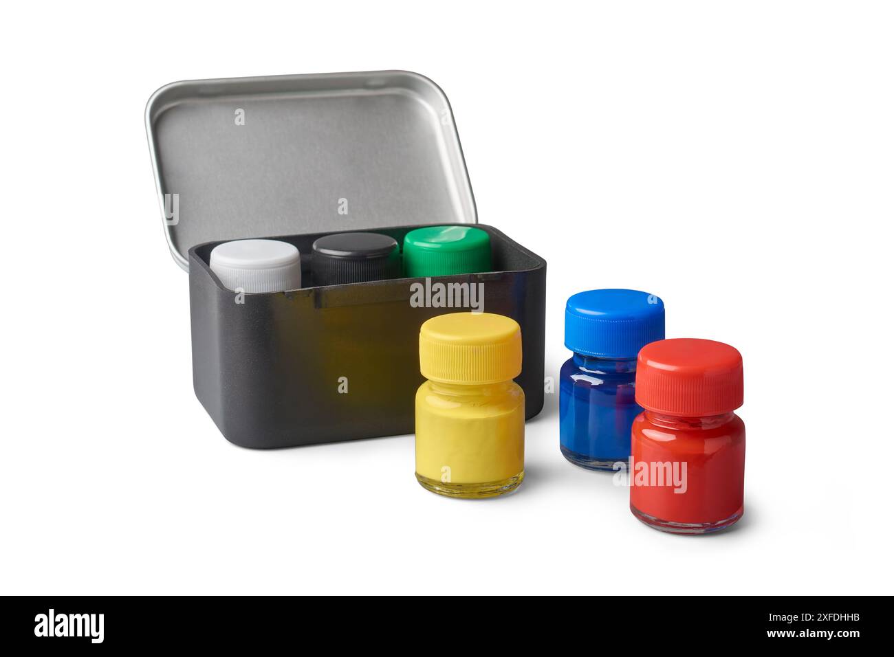 colorful poster color bottles with box or container isolated white ...