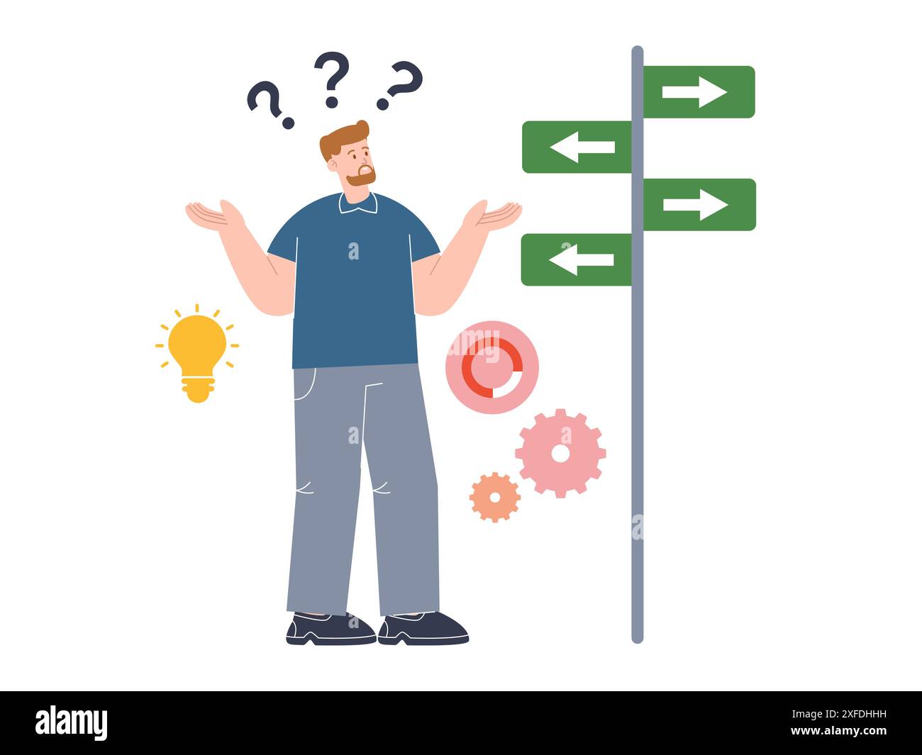 Man confused question marks making decision find direction on crossroad ...