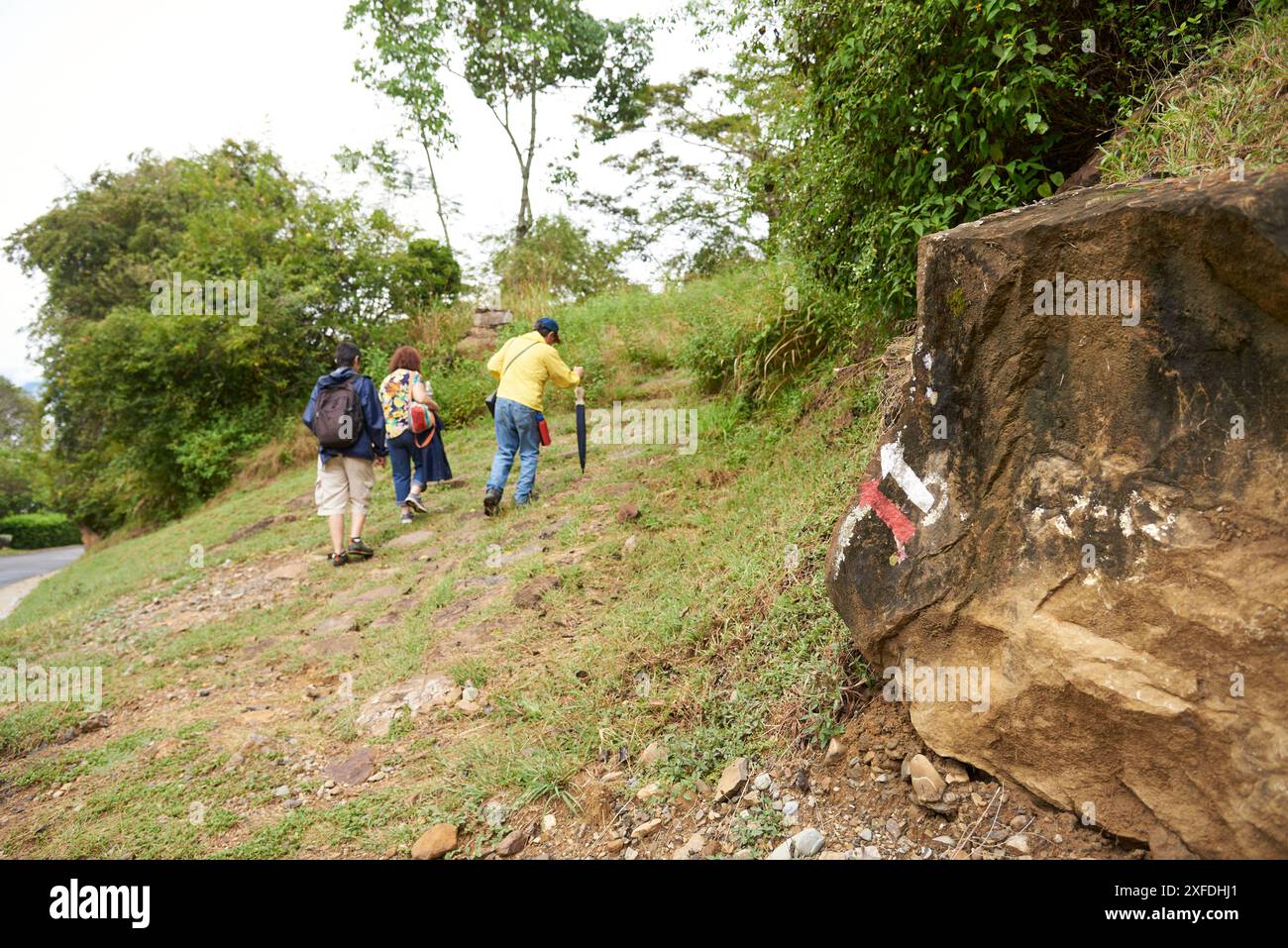 A group of three unrecognizable people enjoy the outdoors hiking ...
