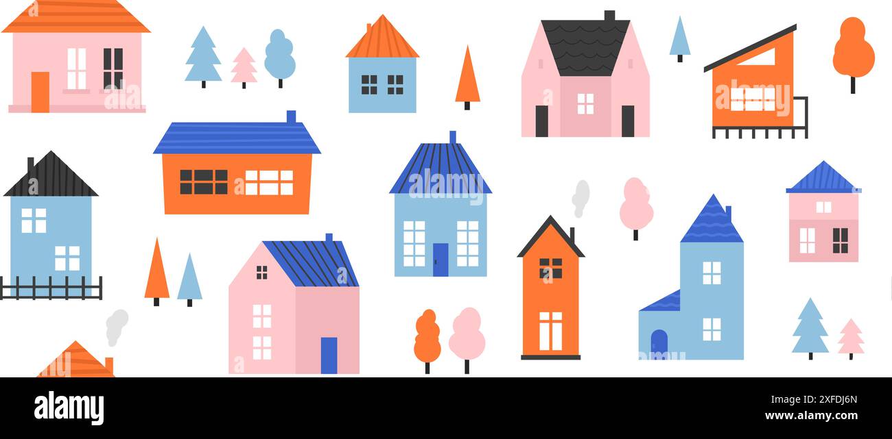 Small cute house seamless pattern. Cute cartoon village town repeated ...