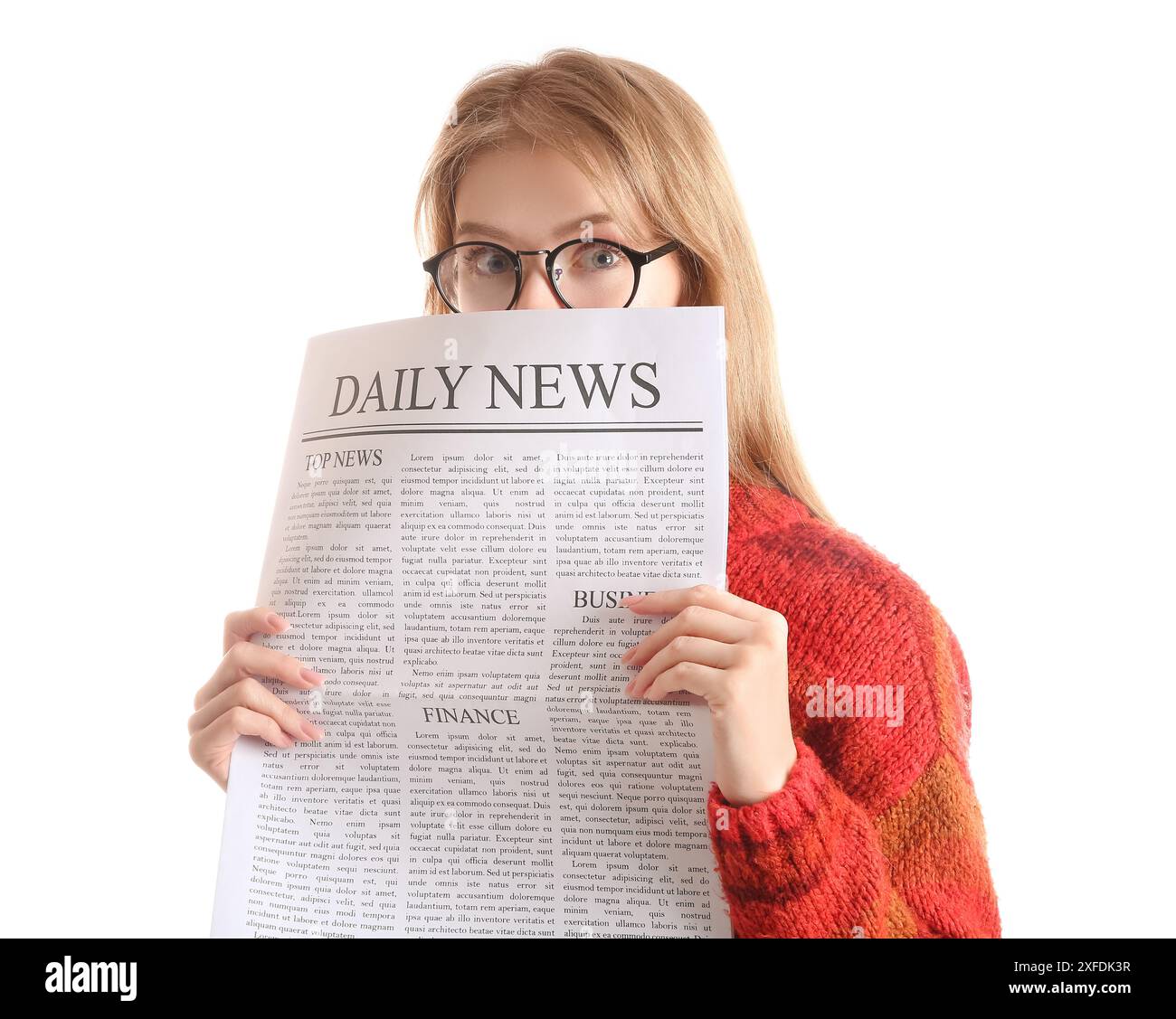 Young woman covering her face with newspaper on white background Stock ...