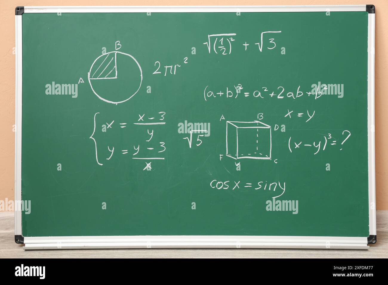 Drawn geometric figures and math formulas on green chalkboard Stock ...