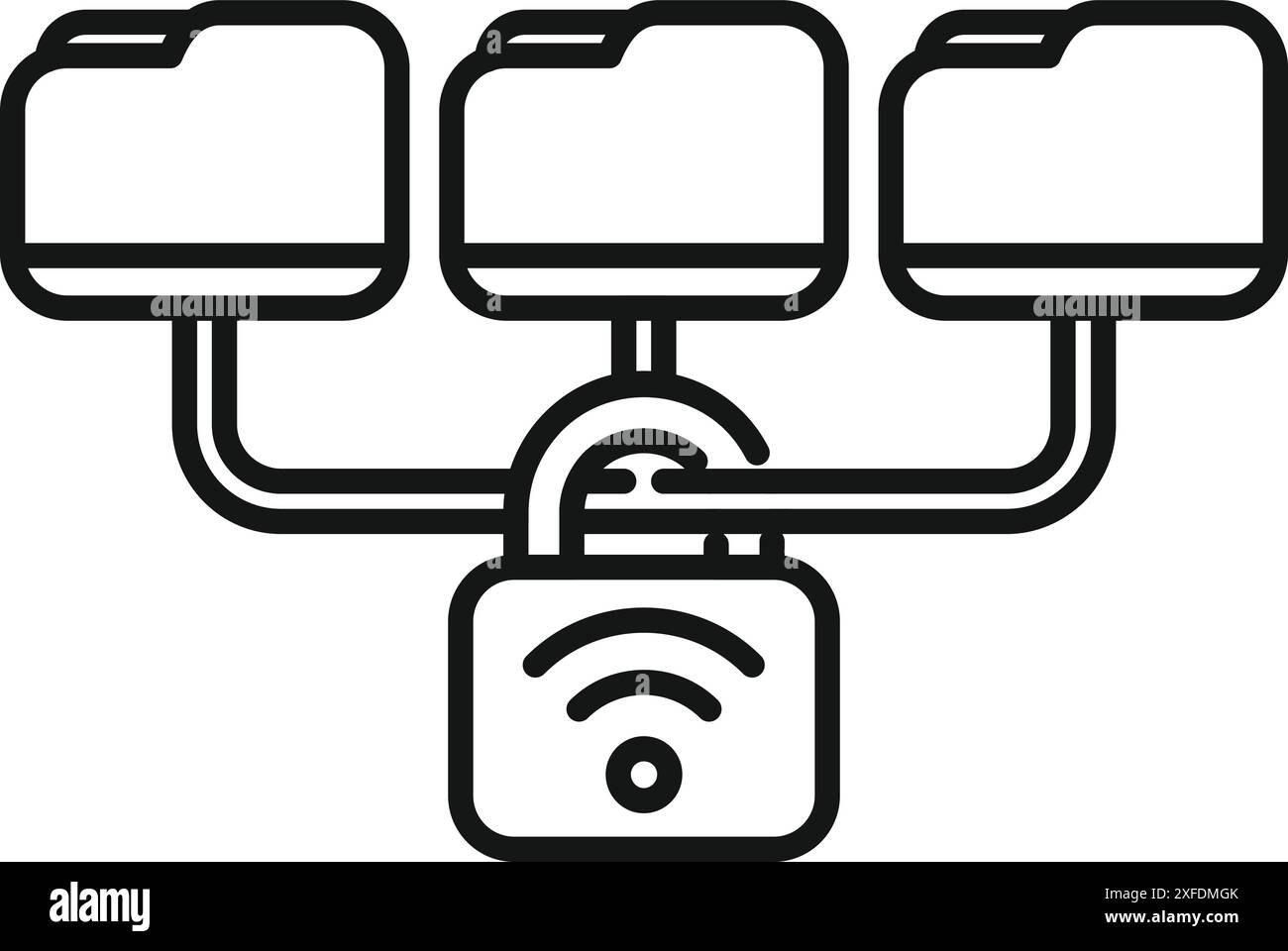 Wifi symbol inside a closed padlock securing data folders, representing ...