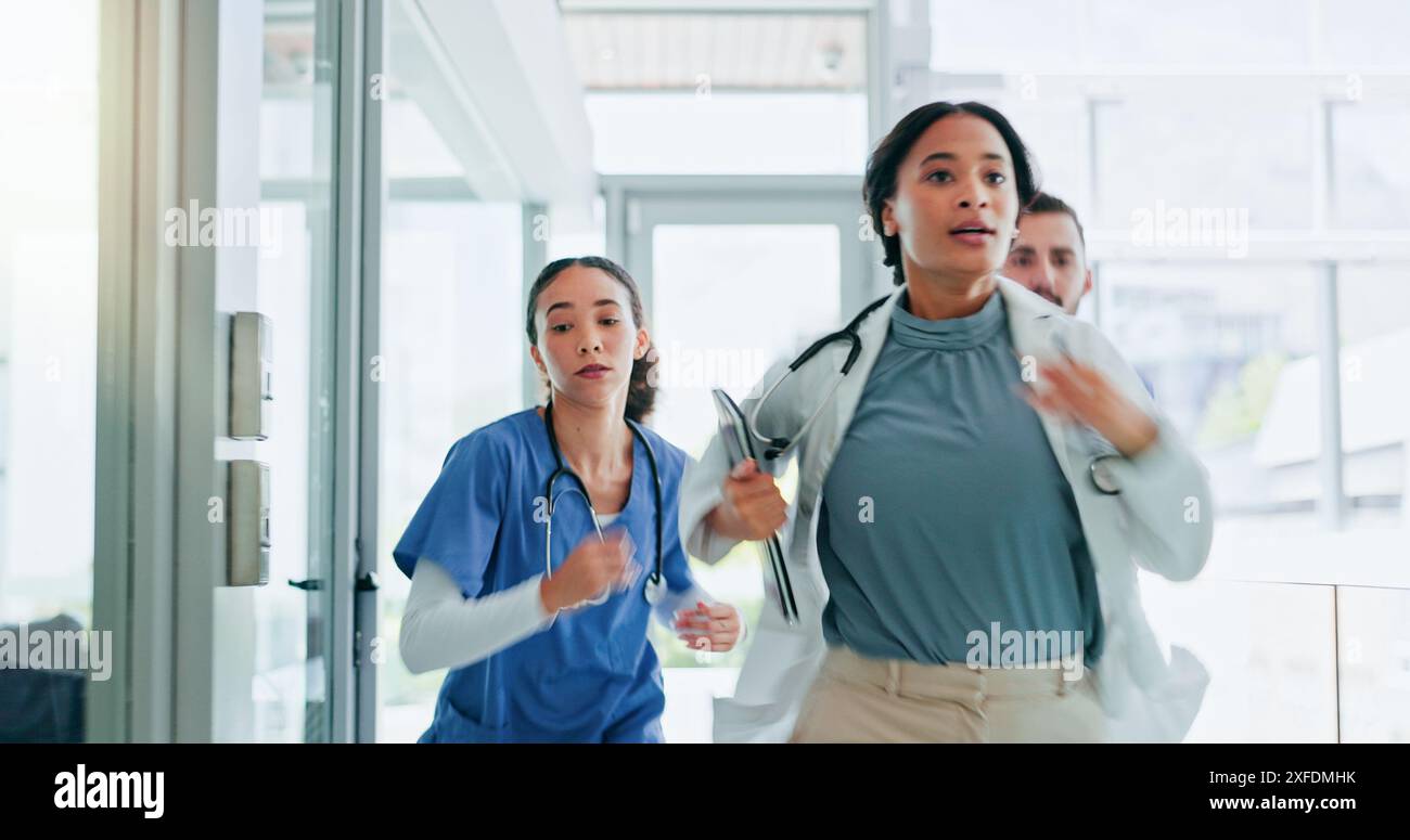 Woman, doctor and running for medical emergency, patient crisis and icu ...