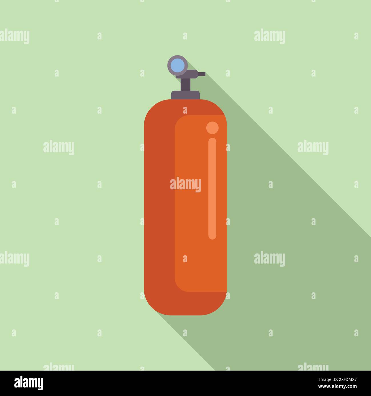 Red oxygen cylinder standing with valve on top on a green background ...