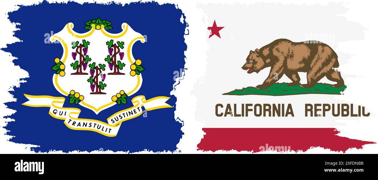 California and Connecticut states grunge brush flags connection, vector ...