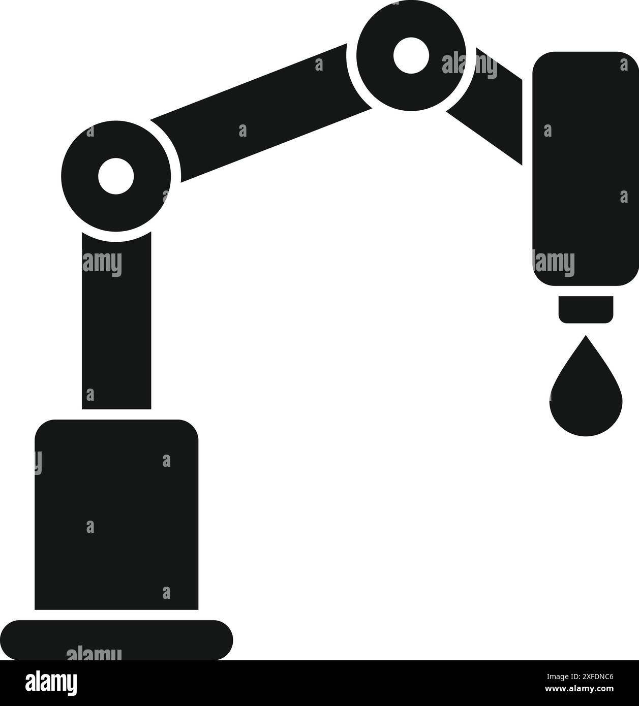 Simple black and white icon of a robotic arm dispensing a single drop ...