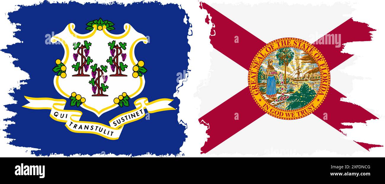 Florida and Connecticut states grunge brush flags connection, vector ...