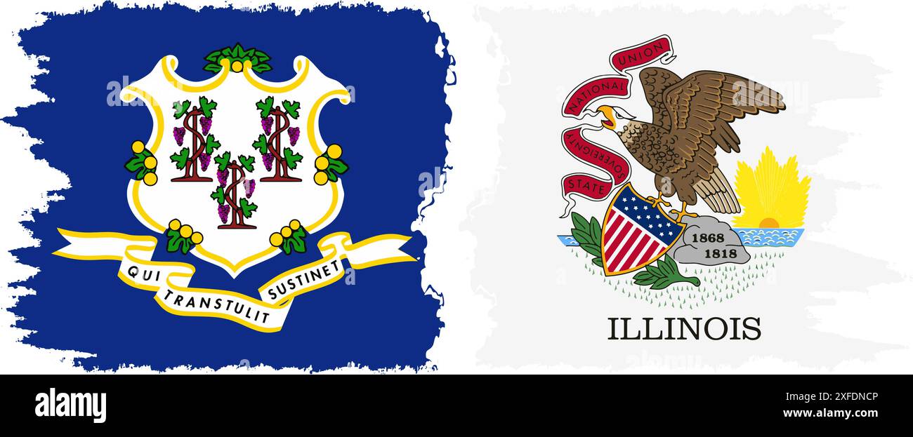 Illinois and Connecticut states grunge brush flags connection, vector ...