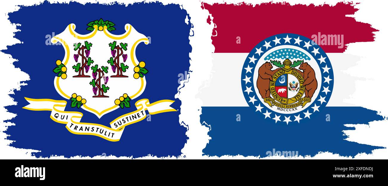 Missouri and Connecticut states grunge brush flags connection, vector ...