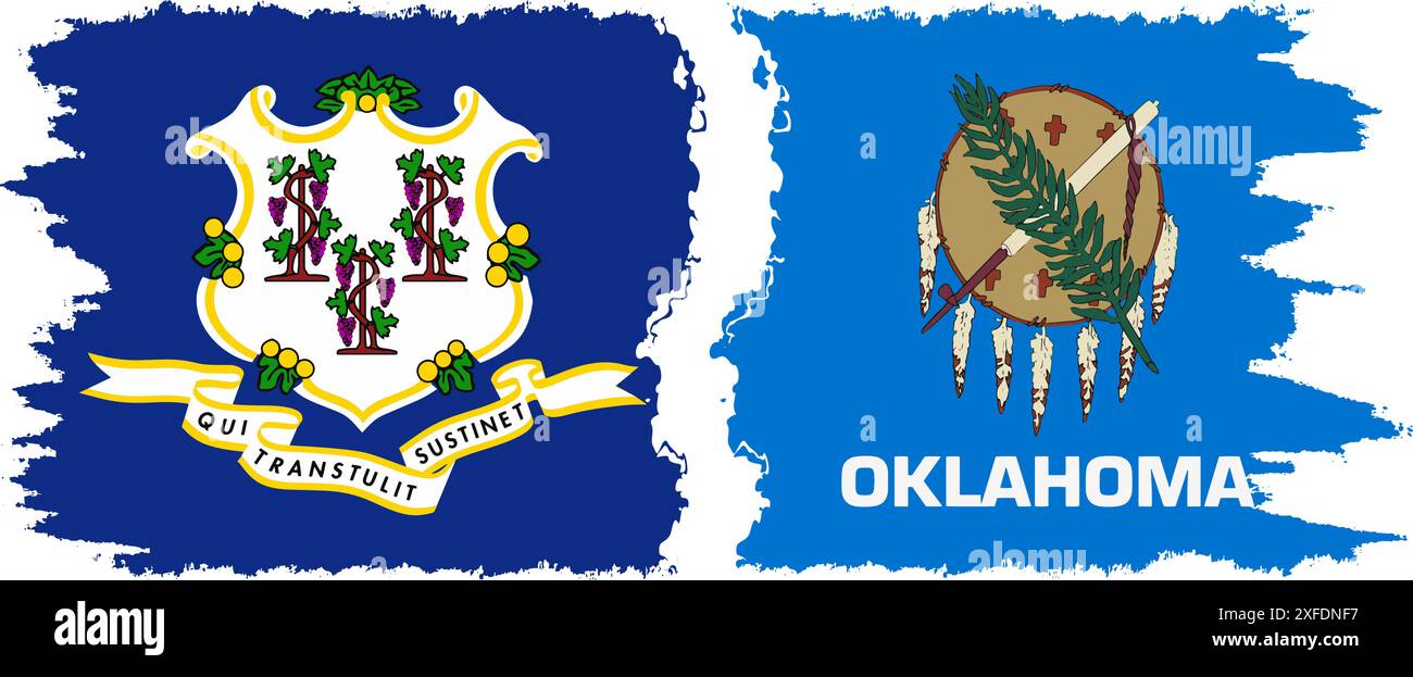 Oklahoma and Connecticut states grunge brush flags connection, vector ...
