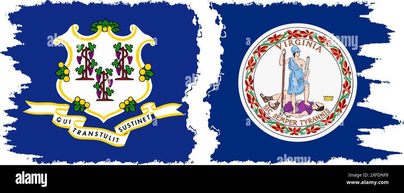 Virginia and Connecticut states grunge brush flags connection, vector ...