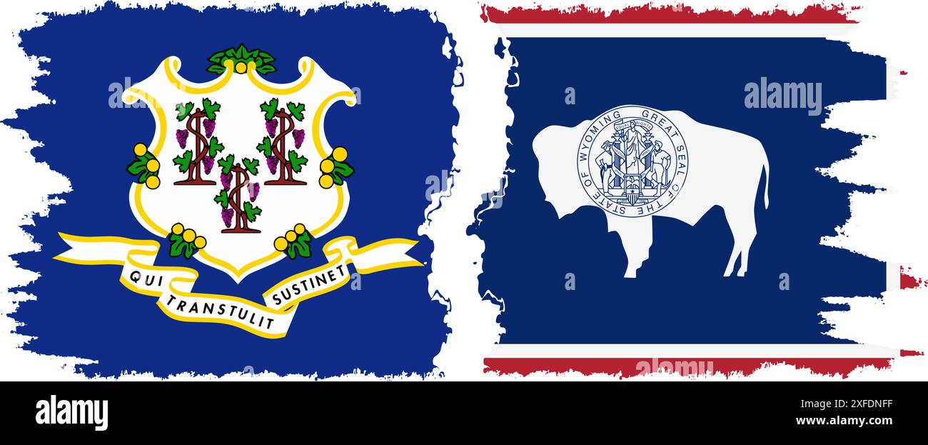Wyoming and Connecticut states grunge brush flags connection, vector ...