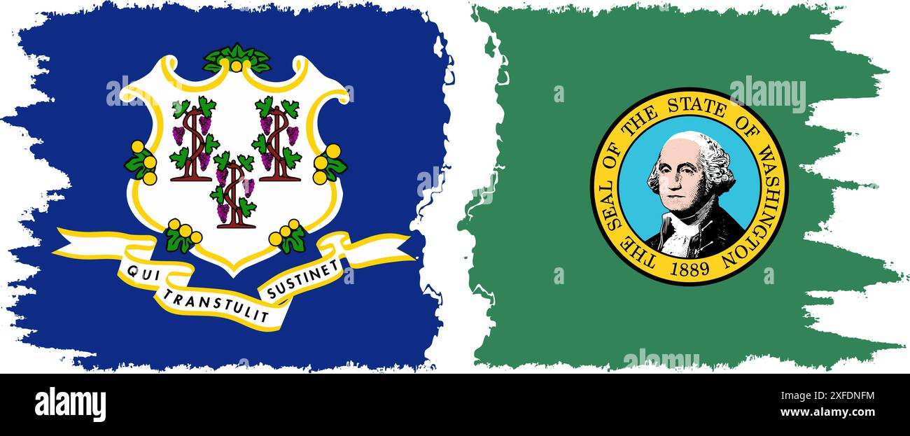 Washington and Connecticut states grunge brush flags connection, vector ...