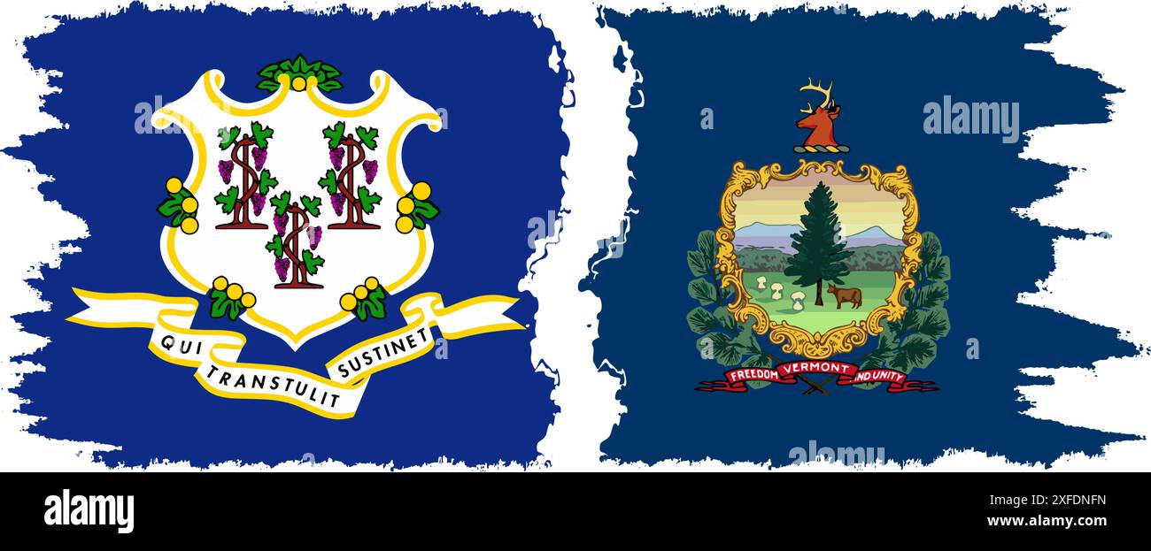 Vermont and Connecticut states grunge brush flags connection, vector ...