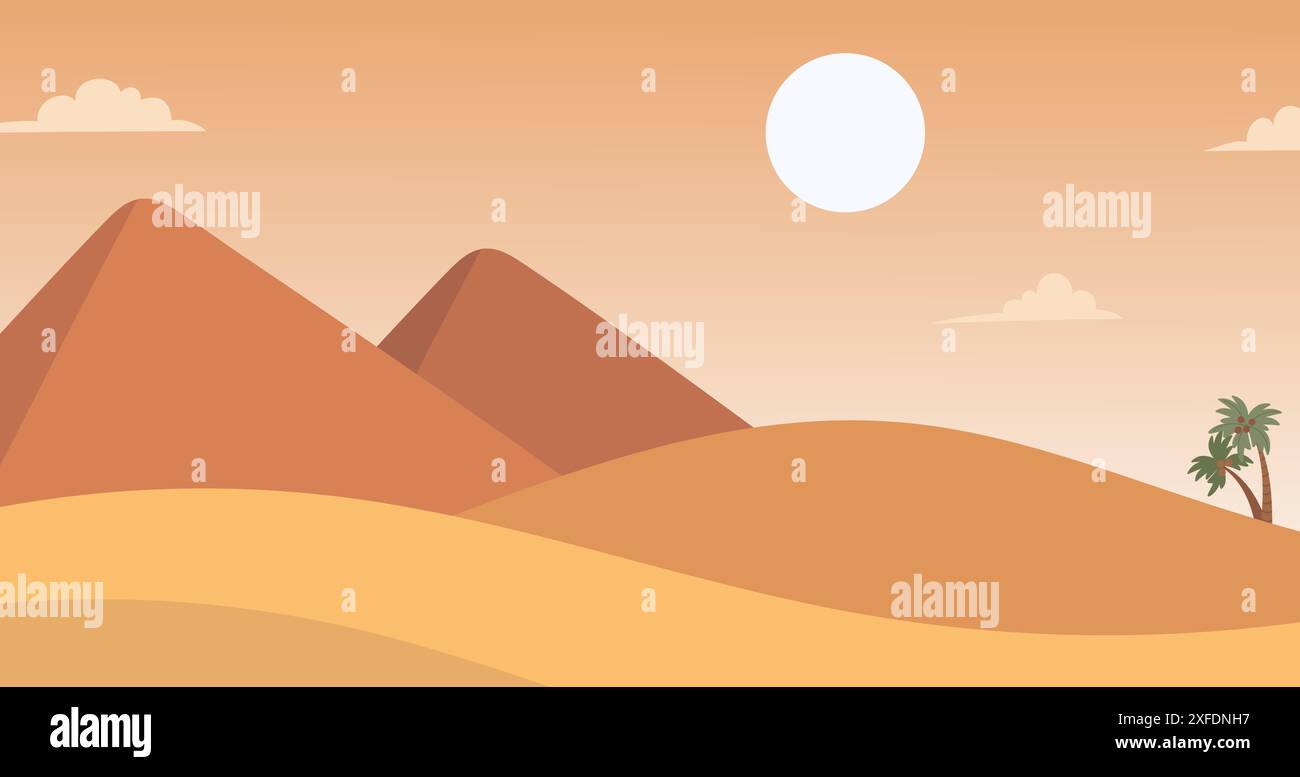 Cartoon desert landscape. Sand dunes and pyramids, palm tree and sunset ...