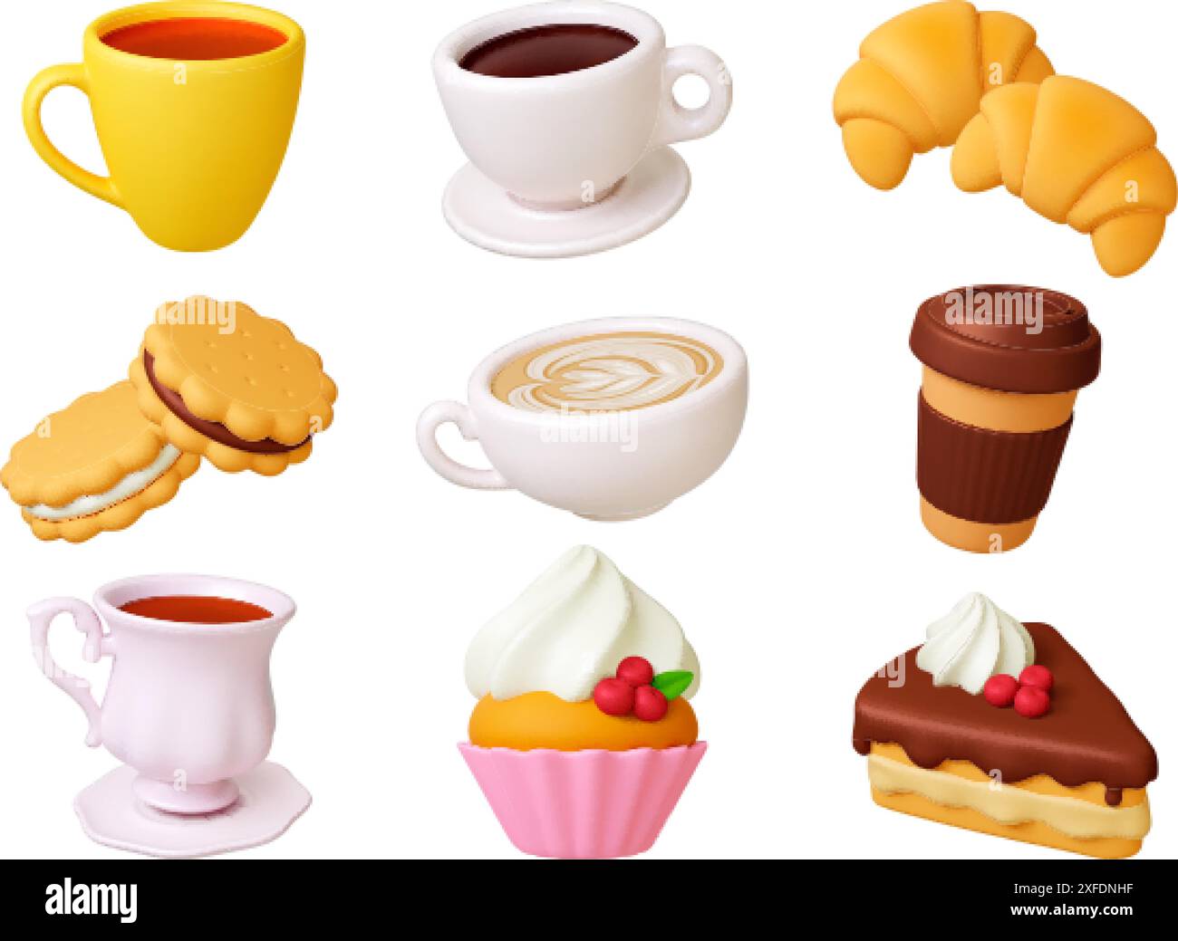 3d coffee and pastry. Tea cup, take away and cappuccino. Croissants and ...