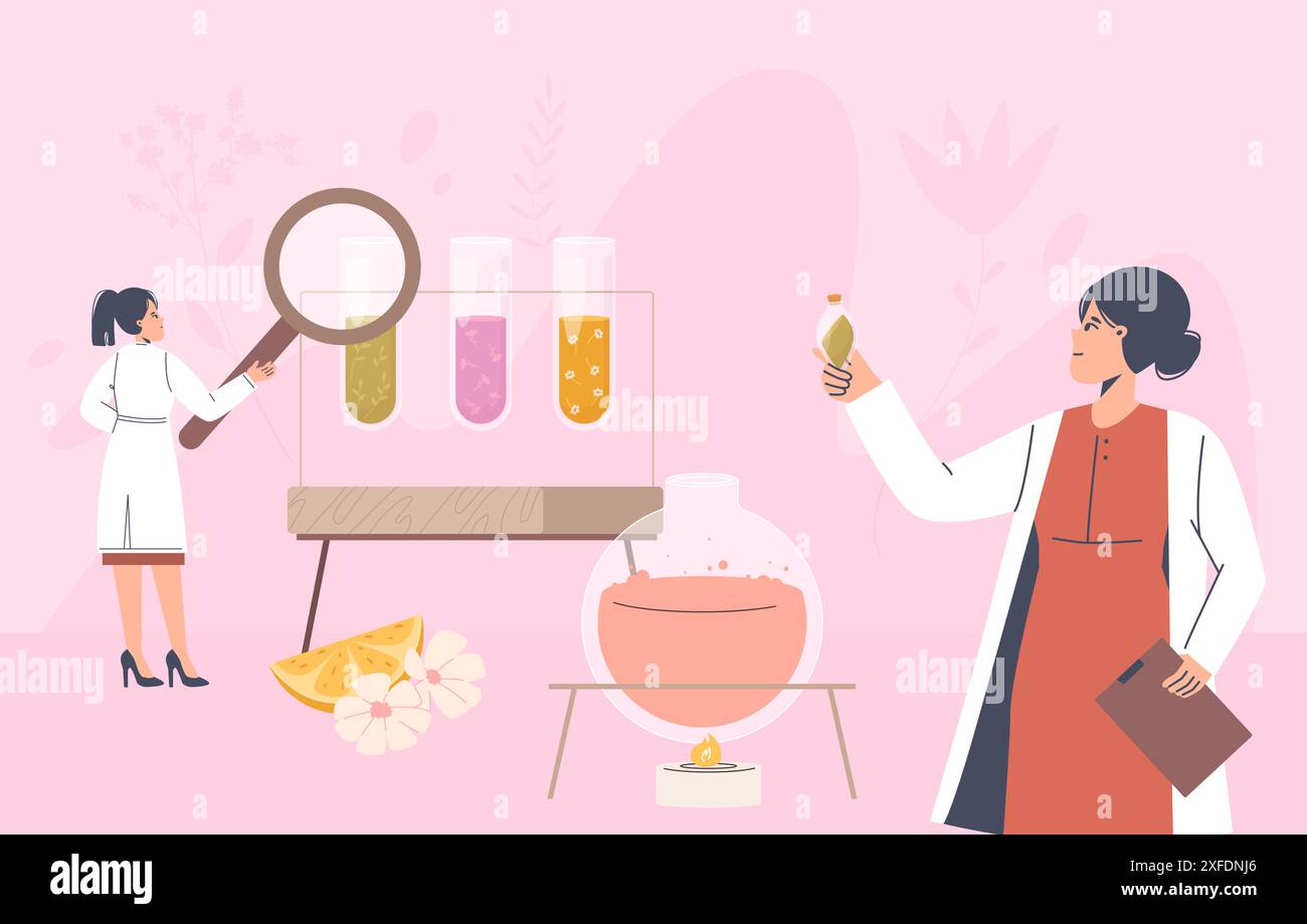 Scientists women developing new fragrance. Girls in white coats with ...